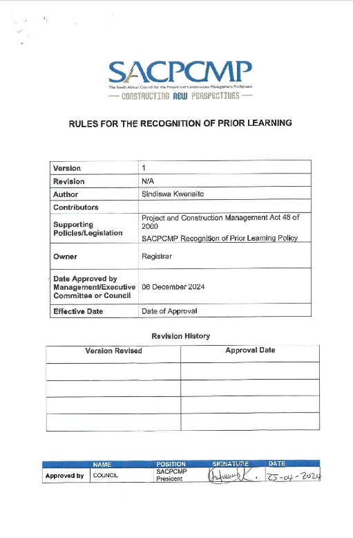 SACPCMP RULES FOR THE RECOGNITION OF PRIOR LEARNING - SACPCMP